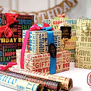 Larcenciel Birthday Wrapping Paper, Kraft Gift Wrapping Paper, Brown Recycled Wrapping Paper, Blue and Red Happy Birthday Design, Gift Wraps for Birthday, Baby Shower, DIY Craft,5 Sheets 27.5x19.6inch