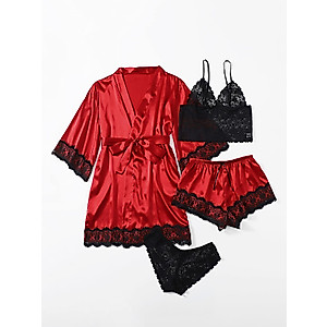 WDIRARA Women' Silk Satin Pajamas Set 4pcs Lingerie Floral Lace Cami Sleepwear with Robe Red Black XL