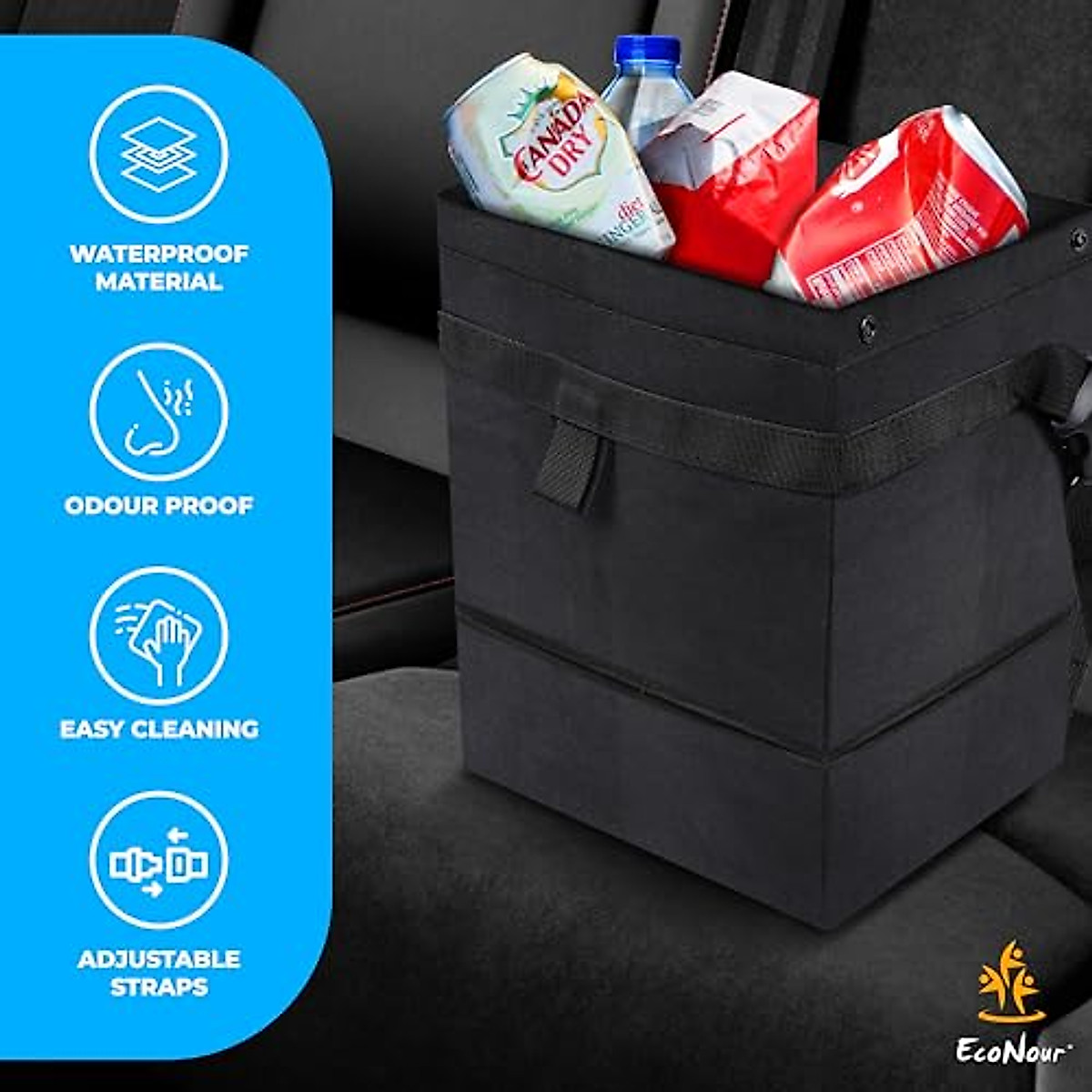 EcoNour Car Trash Can (Large) | Car Trash Bag Hanging with Elastic Opening & Easy Mount | Car Garbage Can with Waterproof Oxford Material | Cute Car Accessories for Camping, Traveling & Outdoor