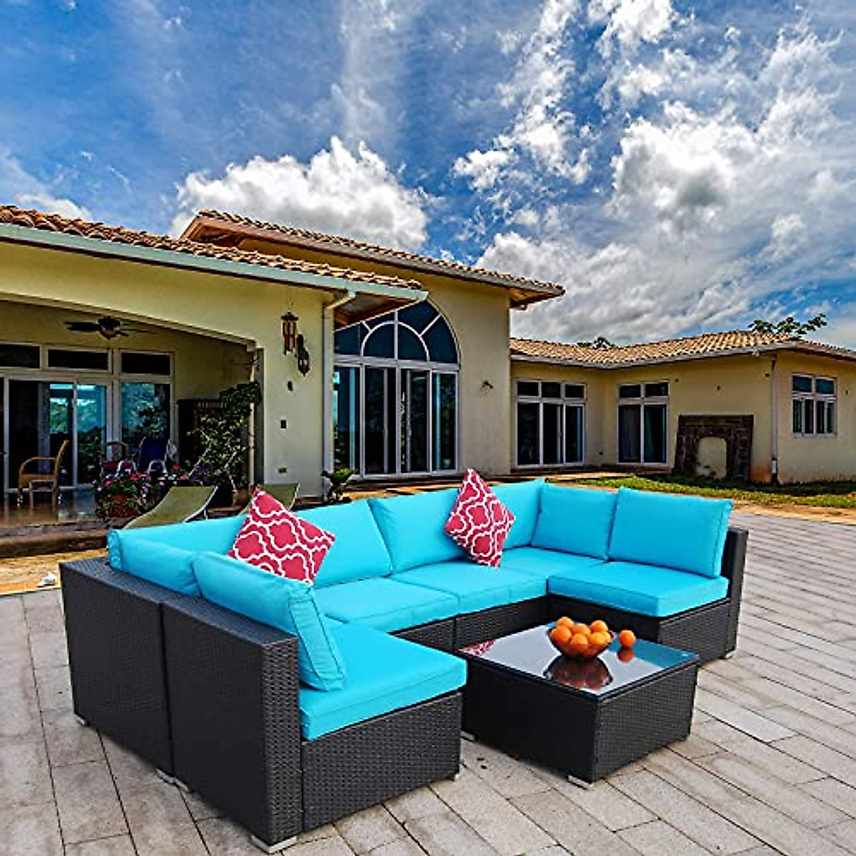 Polar Aurora 7 Pieces Outdoor Patio Sofa Set PE Rattan Wicker Sectional Furniture Outside Couch w/Blue Washable Seat Cushions & Modern Glass Coffee Table