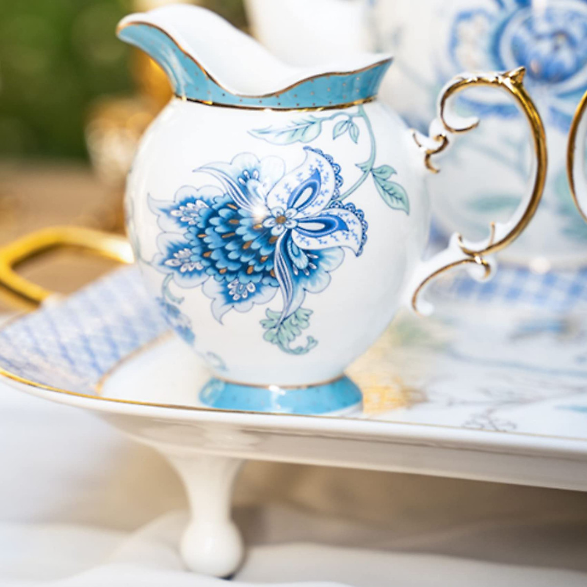 ACMLIFE Tea Serving Tray Set, 21 inches Bone China Tray Tea Tray with Handles, Blue Fine Ceramic Decorative Serving Tray Platter with Golden Rim for Tea Sets, Living Room, Gift (Light Blue)