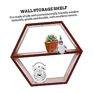 DIKACA 1pc Bookshelf Brown Farmhouse Living Hexagon Bathroom Decorative Wall-Mounted Rustic Wood Bedroom Bedside Hanging Home Useful Wall Shelves Honeycomb Wooden Hexagonal Rack Holder
