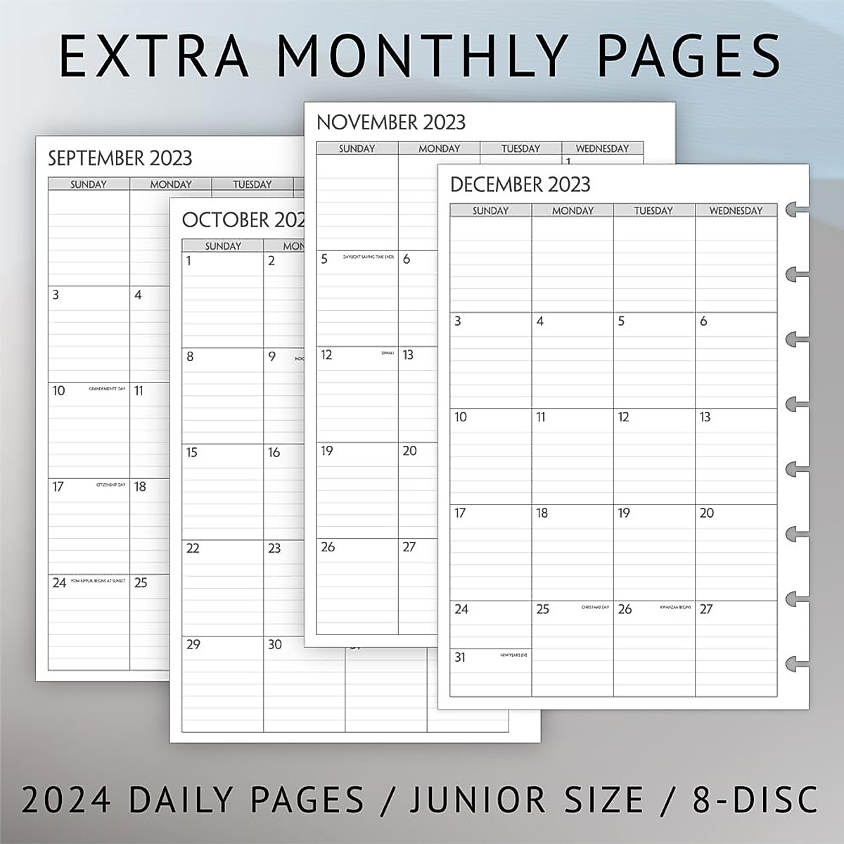 2024 Daily & Monthly Planner Refills for 8-Discbound Junior Size Planners - Appointment Schedule & To Do List, Monthly Tabs, 8-Disc Punched, Jan 2024 - Dec 2024