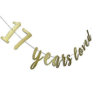 17 Years Loved Banner Sign Gold Glitter for 17th Birthday Party Decorations Anniversary Decor Pre-assembled Bunting Photo Booth Props