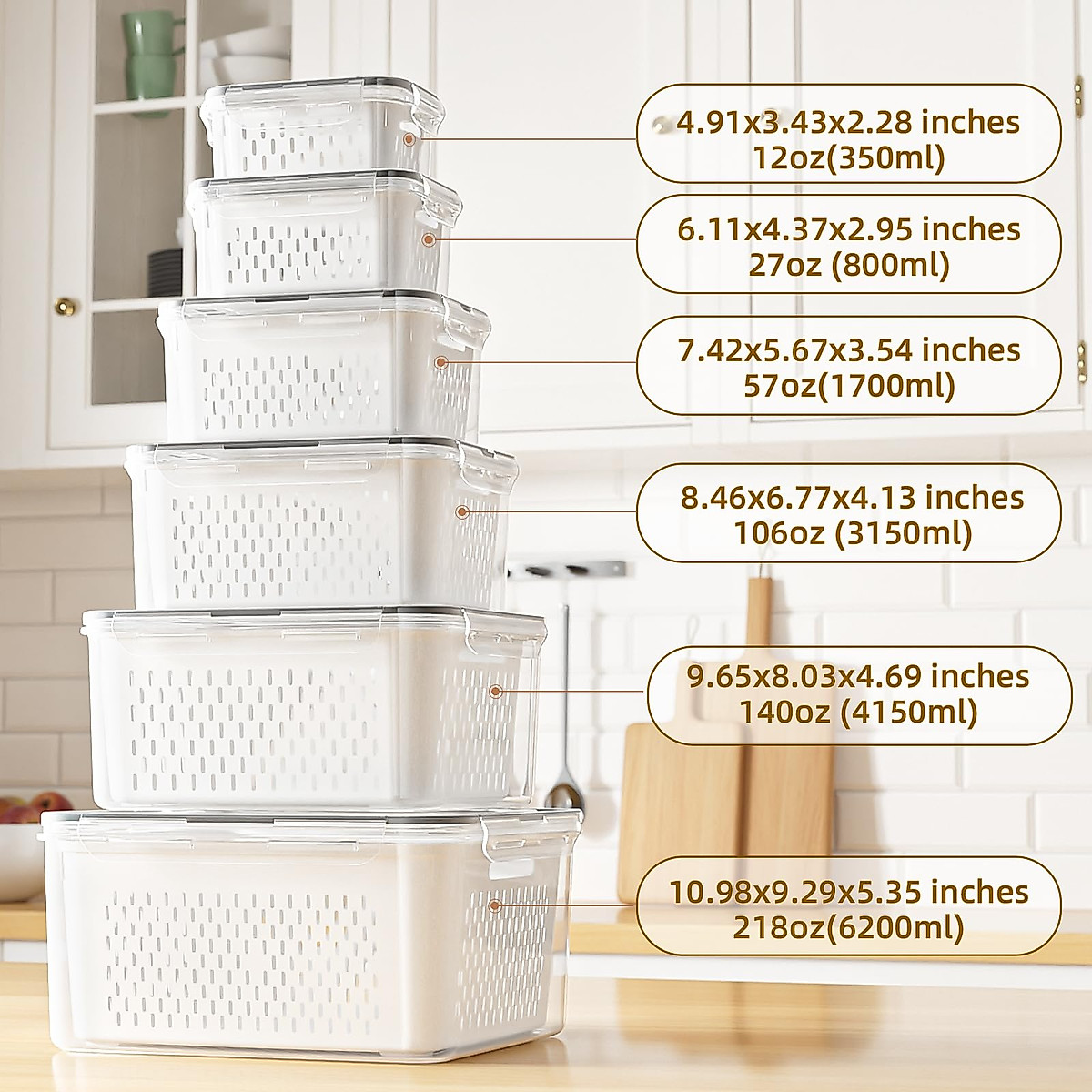 6 Pcs Large Fruit Containers For Fridge, Airtight Food Storage Containers with Removable Colander, Dishwasher & Microwave Safe, Berry Produce Container Keep Vegetable, Fruit, Meat Fresh Longer