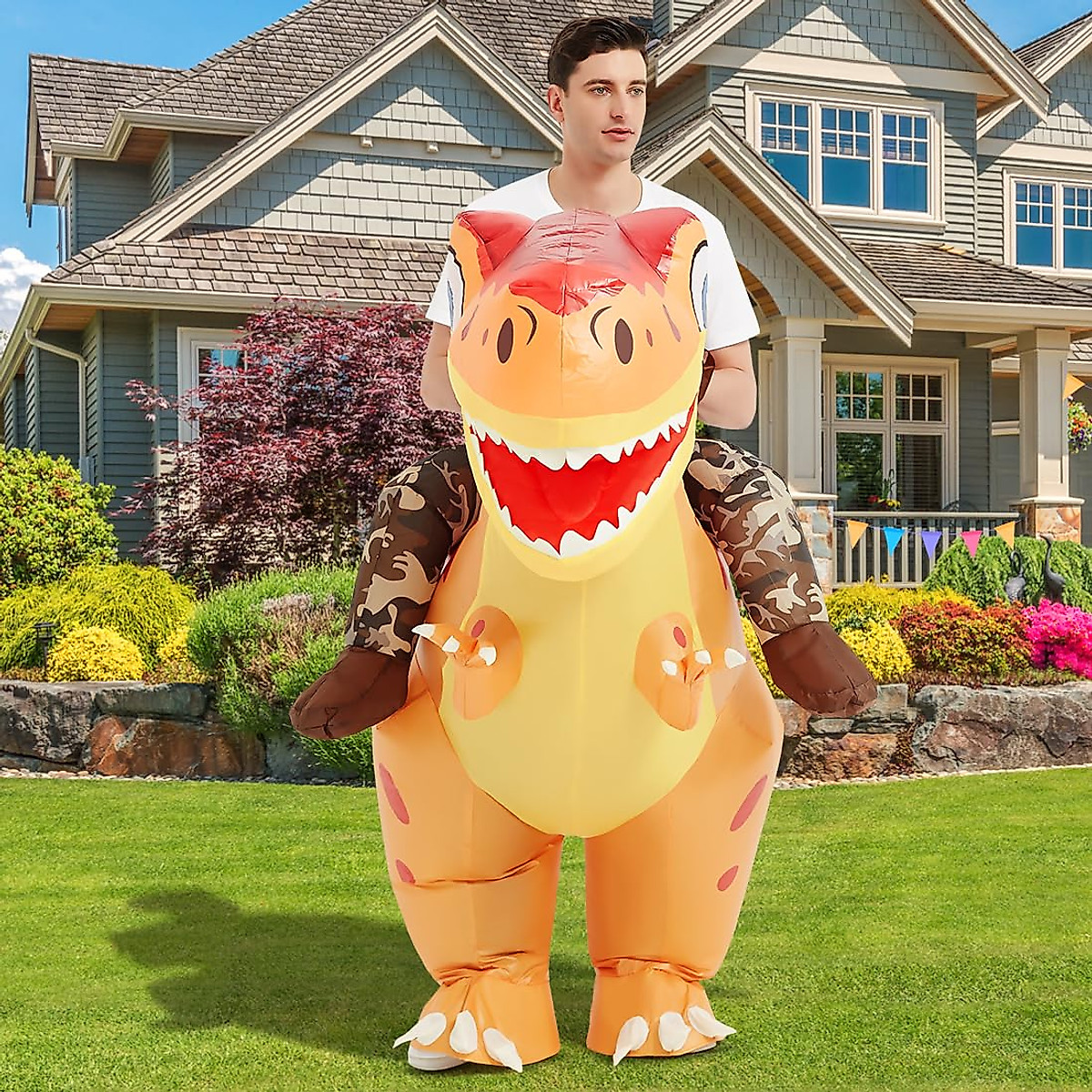 COMIN Inflatable Dinosaur Costume for Adults Inflatable Ride on Costume Blow Up Trex Costume Dino Inflatable Orange Costume for Halloween Party