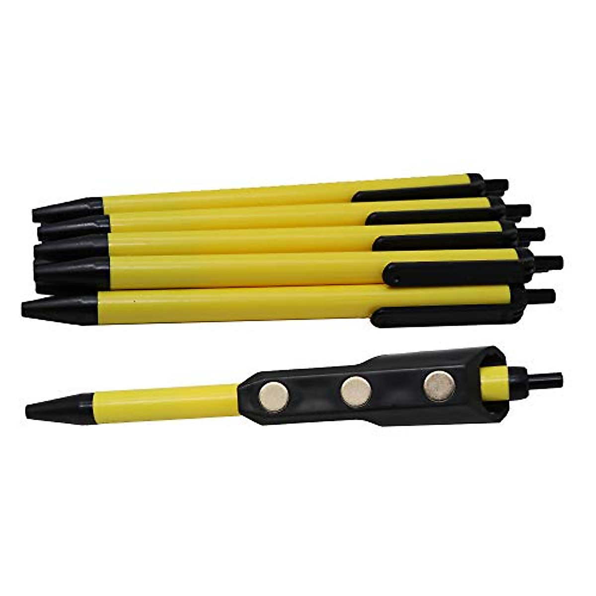 RevMark Magnetic Pen Holder with 12 Black Ink Ballpoint Pens, Made in the USA, Great for Toolboxes, Toolbench, Desks, Metal Surfaces. Ideal for construction, teachers, offices and more. (Neon Yellow)