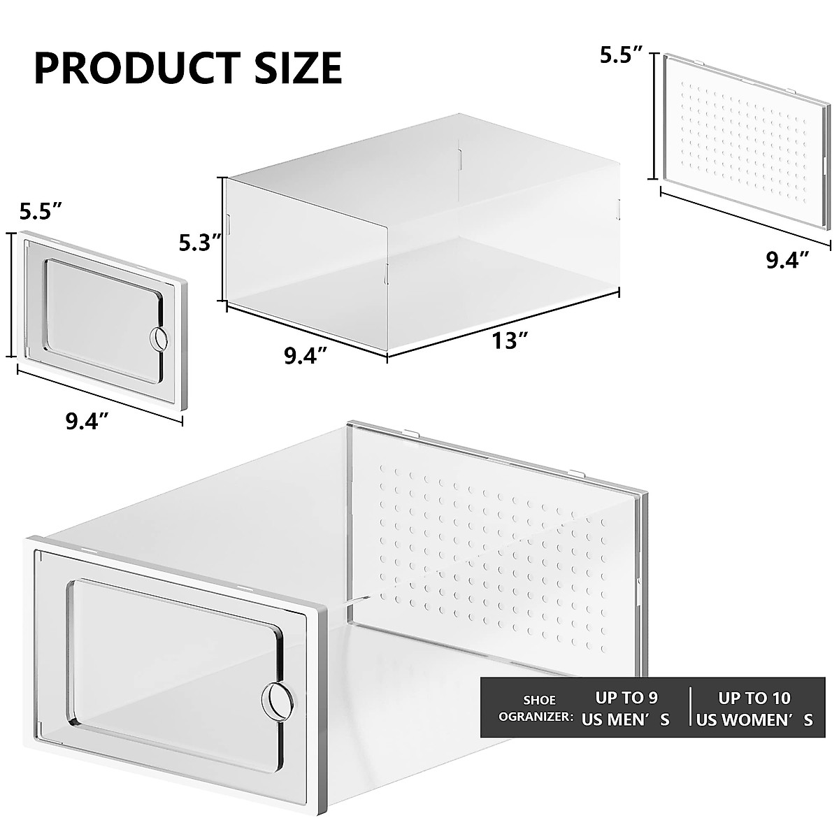Hourleey 12 Pack Shoe Storage Box, Clear Plastic Stackable Shoe Organizer for Closet, Space Saving Foldable Shoe Rack Sneaker Containers Holders with Lids