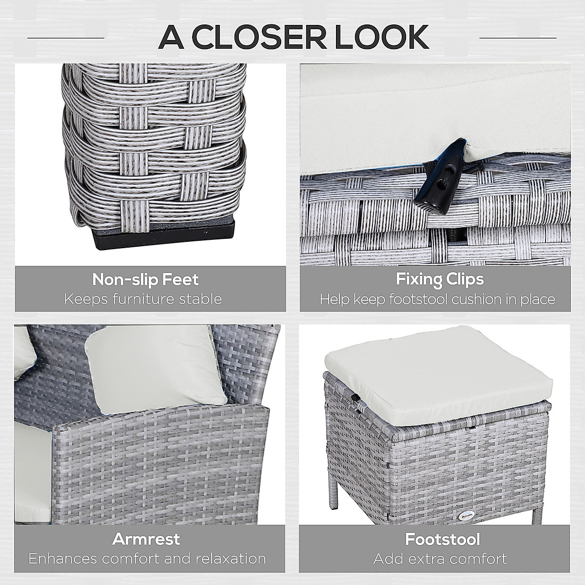 Outsunny 5 Piece Patio Furniture Set, Outdoor Dining Table Set with L-Shaped Sectional Sofa, 2 Ottomans, Outside Conversation Set with Cushions, Throw Pillows, Beige