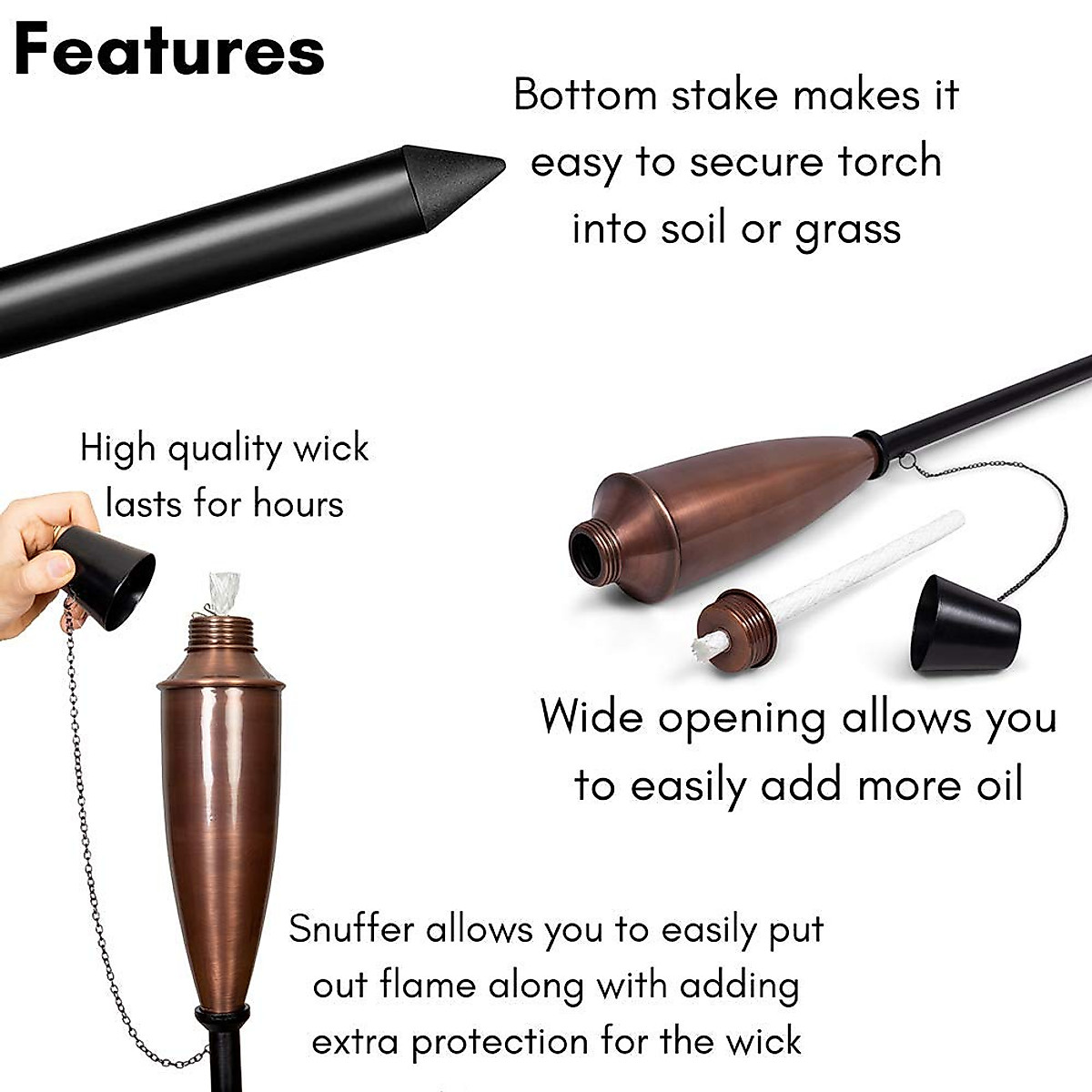 BIRDROCK HOME 4 Pack Round Outdoor Torches - Bronze - Flame Light Torch - Backyard Garden Patio Lighting - Metal Lamp - Decorative Urban Lantern