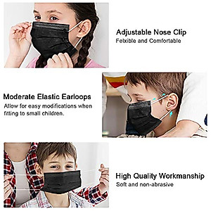 50 Pcs Disposable Face Cover 3-Ply Filter Non Medical Breathable Earloop Masks For Kid (Black Kid)