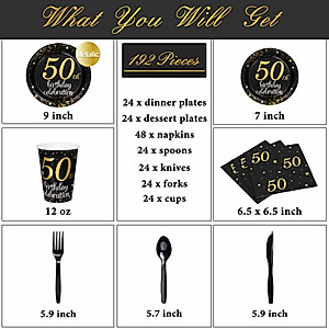 DECORLIFE 192PCS 50th Birthday Plates and Napkins for Men Women, 50th Birthday Decorations, 12oz Cups, 48 Napkins Included for 24 Guests Back in 1974 Party Favors