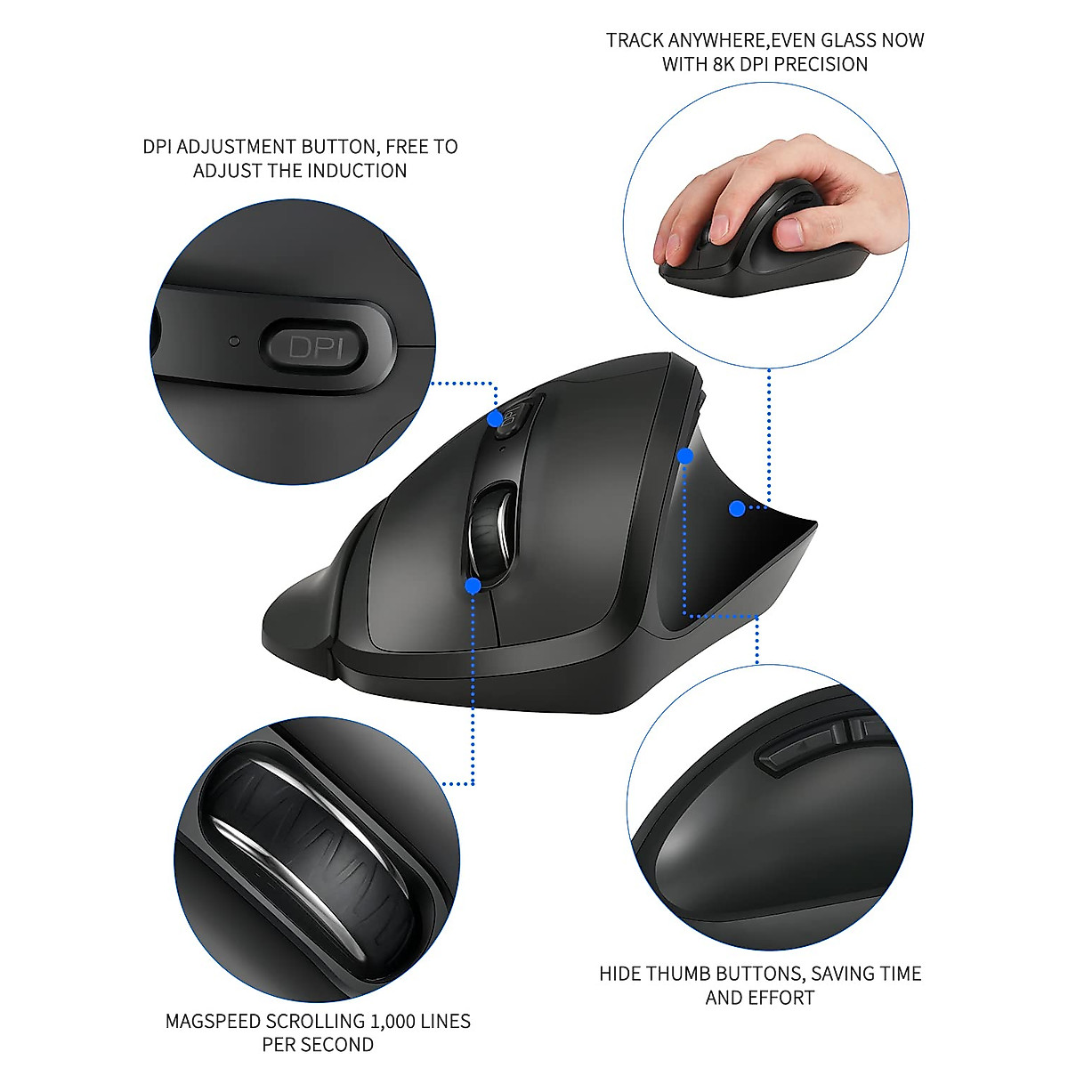 Censi Newtral Ergonomic Mouse,Vertical Wireless Mouse - 2.4GHz Optical Vertical Mice : 3 Adjustable DPI 800/1200/1600 Levels, for Laptop, PC, Computer,Notebook etc,