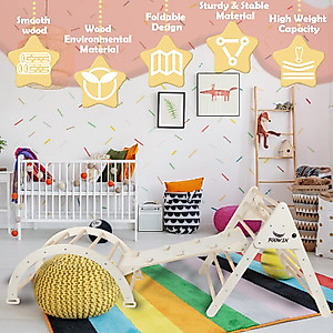 FOOWIN Pikler Triangle Set Climber 8 in 1，Toddler Climbing Toys with Ramp & Arch & Mat Montessori Climbing Set，Wooden Climbing Toys with Ramp for Kids