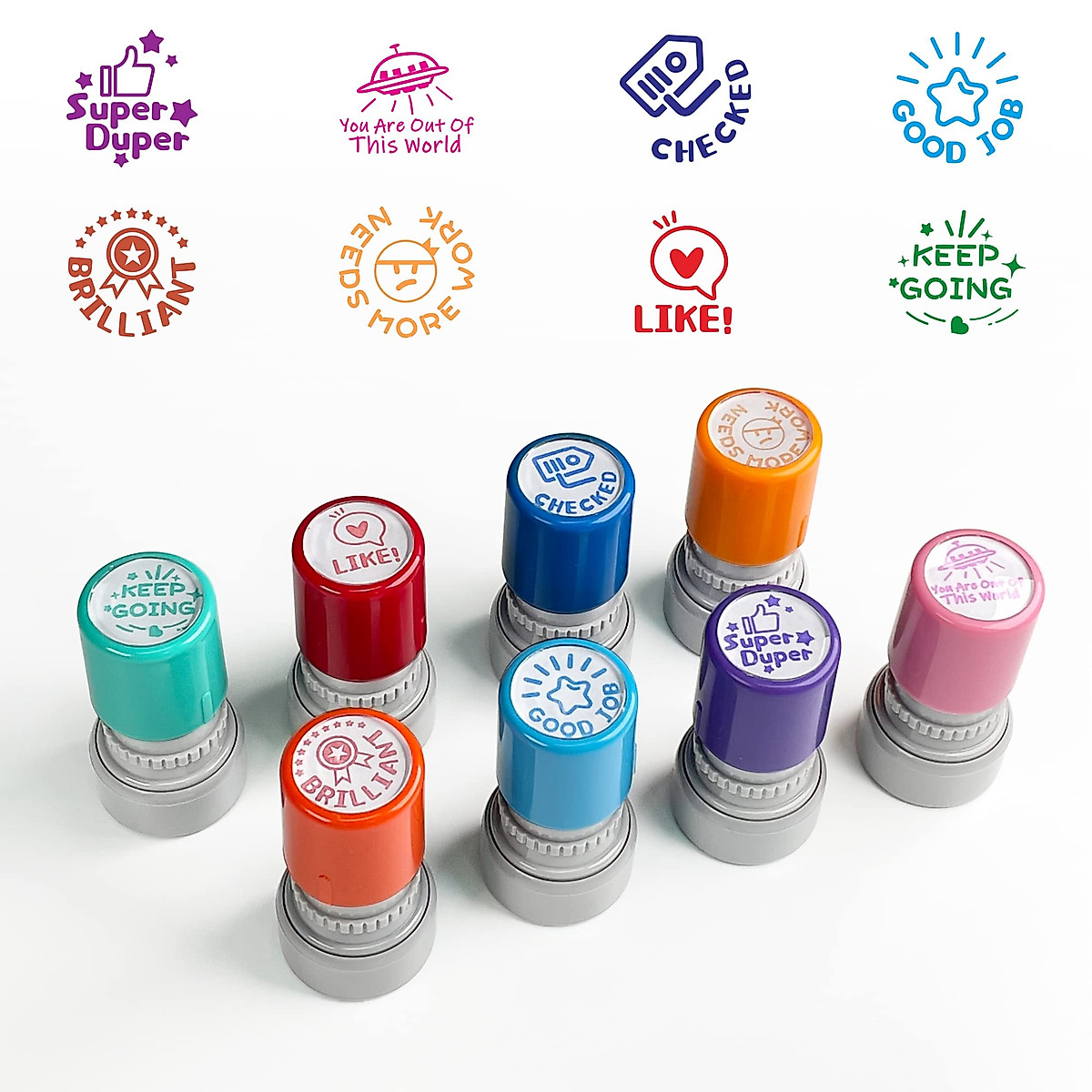 Round Teacher Stamps for Grading Classroom, Set of 8 Color Rubber Teacher Self-Inking Stamp Set for Homework Teacher Supplies