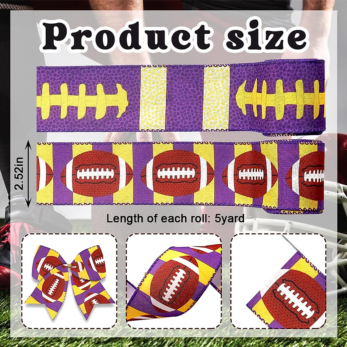 Threetols 2 Rolls 10 Yards Football Wired Edge Ribbons, 2.5inch Purple Yellow Stripe Burlap Ribbons, Fall Brown Sport Ribbon for Super Football Bowl DIY Craft Fall Wreath Bow Decor