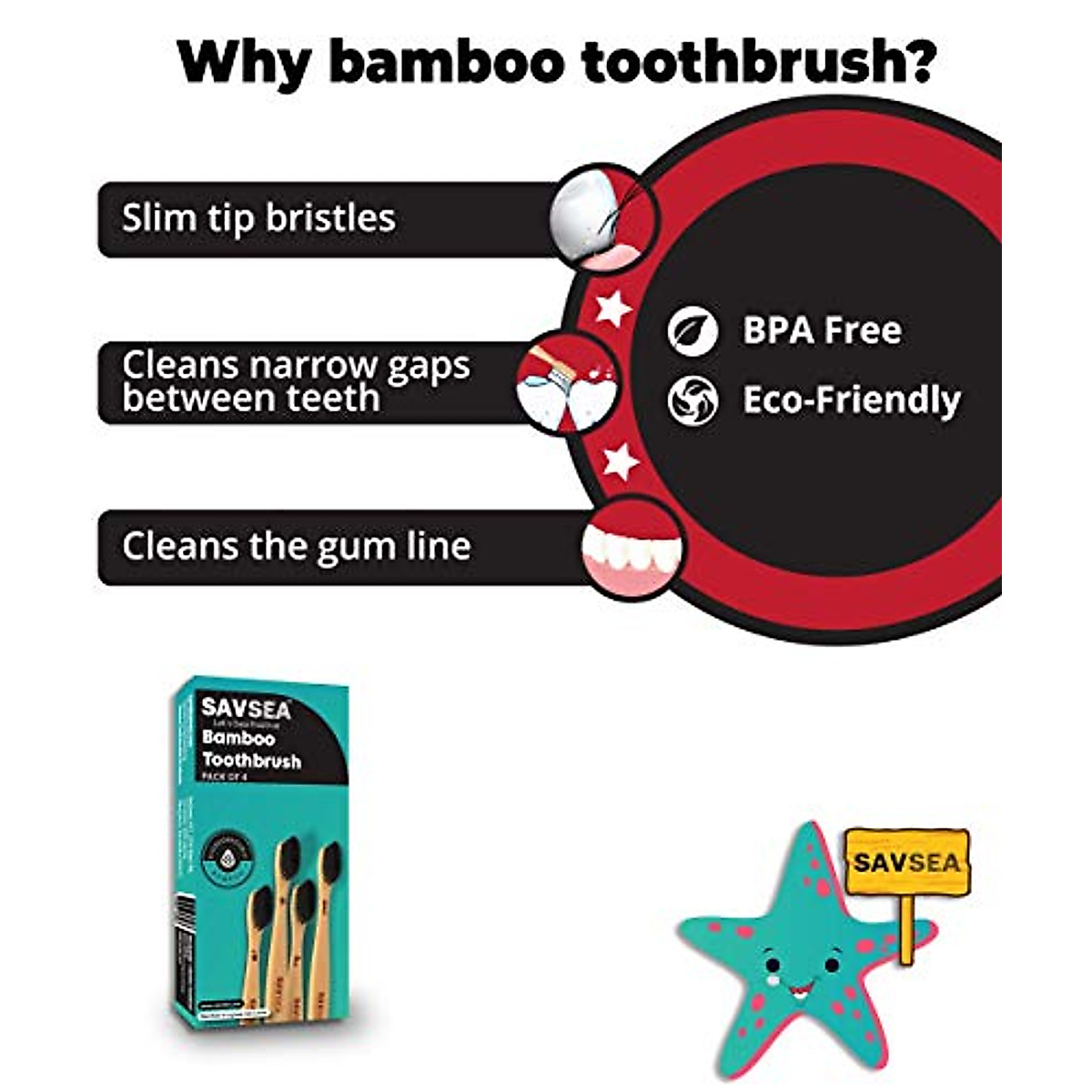 SAVSEA Bamboo Toothbrush with Soft Medium Bristles for Men & Women, (8 Toothbrushes)