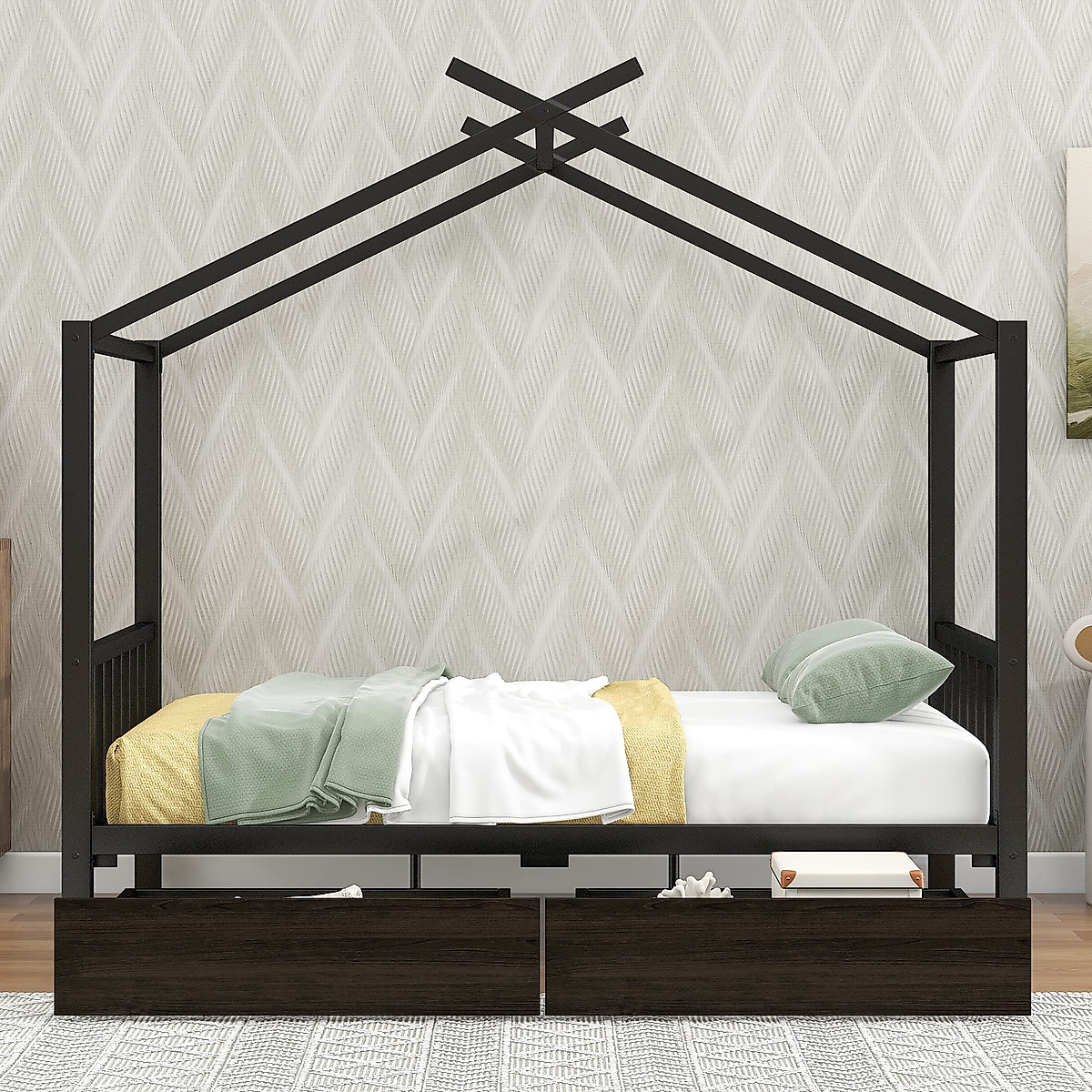 CITYLIGHT Full Size House Bed for Kids, Metal Full Platform Bed Frame with 2 Storage Drawers, Roof, Headboard and Footboard, Full Storage Canopy Bed for Kids, Girls & Boys, Black