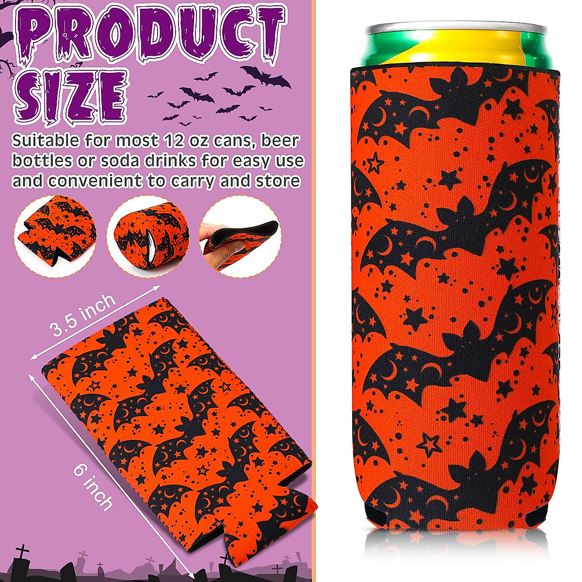 Zhehao 16 Pcs Halloween Can Cooler Sleeves Skinny Skull Bottle Cooler Neoprene Insulated Adult Halloween Party Favors Pumpkin Cat Spider Gift Alcohol Holder Beverage for Party Supplies (Stylish Style)