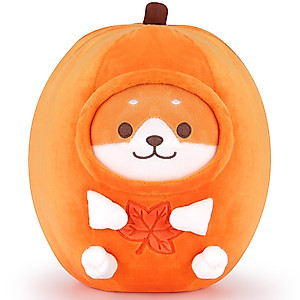 Fortuning's JDS Shiba Inu Pumpkin Plush, 12" Pumpkin Corgi Dog Stuffed Animal Plushies with Autumn Leaf Decor, Kawaii Birthday Gift for Boys Girls Kids Plush Toy Pillow