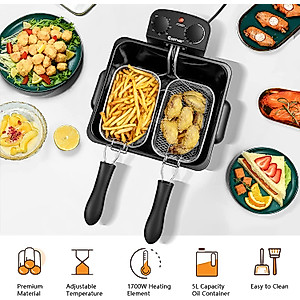 5.3QT Electric Deep Fryer with 3 Baskets, SIMOE 5L Stainless Steel Deep Fryer w/60 timer & Lid with view window, Home Countertop Oil Fryer w/Temperature Control for Kitchen, Party, French Fries