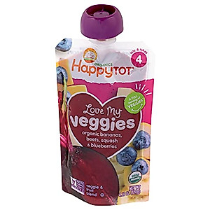Happy Tot Love My Veggies Stage 4 Organic Toddler Food Banana Beet Squash & Blueberry, 4.22 Ounce Pouch Organic Baby Food/Toddler Food Pouches, Fruit and Veggie Blend, Full Serving of Vegetables