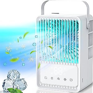 Portable Air Conditioners, 4-IN-1 Evaporative Personal Air Cooler Humidifier with 3 Speeds 7 Colors Light, 1-8H Timing Mini Personal Air Conditioner Fan, USB Quiet Air Cooler for Room Office Desk