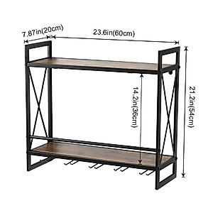 Hadulcet Wine Bottle Stemware Glass Rack, Industrial 2-Tier Wood Shelf, Wall Mounted Wine Racks with 5 Stem Glass Holders for Wine Glasses, Flutes, Mugs, and 2 Metal Basket for Storage, Rustic Brown…