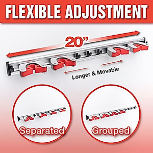 20" Broom Holder Wall Mount - 4 Sliding Broom Hangers and 5 Mop Holders, Moveable Wall Hanging Organizer for Garage, Restaurant, Kitchen and Laundry Room, Perfect for Cleaning Supplies.