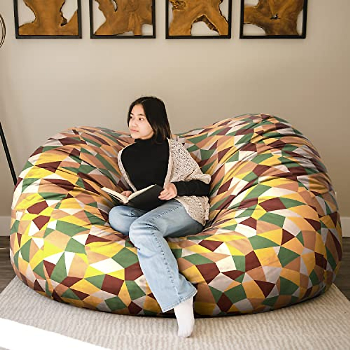 Big Joe Fuf XXL Foam Filled Bean Bag Chair with Removable Cover, Retro Geo Plush, 6ft Giant