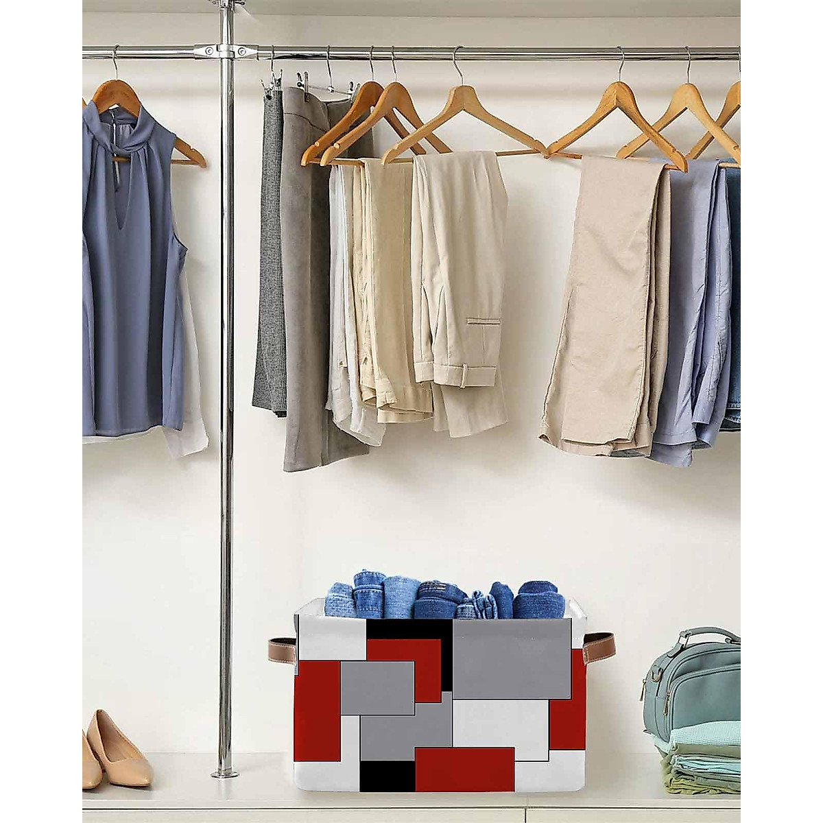 Abstract Storage Basket Large Foldable Storage Bins with Handles Geometric Mid Century Red Nordic Waterproof Fabric Laundry Baskets for Organizing Shelves Closet Toy Gifts Bedroom Home Decor