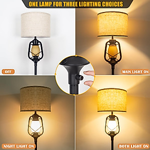 Rustic Farmhouse Floor Lamp with LED Night Light, 2-Light Tall Standing Lamp, Vintage Pole Light with Beige Linen Drum Shade，Industrial Black Stand Up Lamp for Bedroom, Living Room, Reading, Office