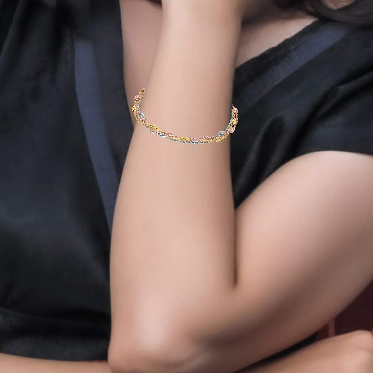 Sterling Silver Italian Tri-Color Triple Strand Oval Beaded 7+1" Bracelet Jewelry for Women or Teens