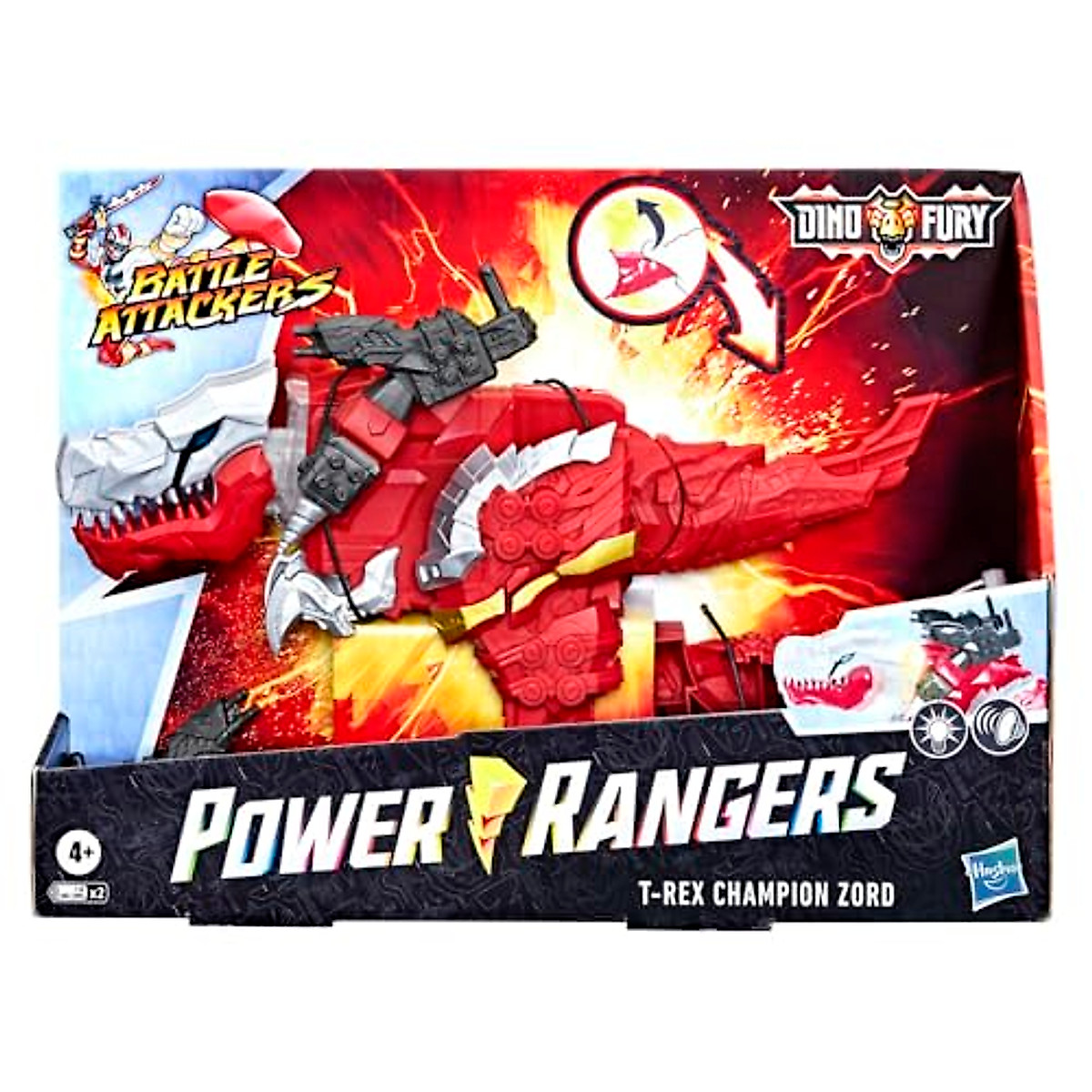 Power Rangers Battle Attackers Dino Fury T-Rex Champion Zord Electronic Action Figure Toy for Kids Ages 4 and Up with Lights and Sounds