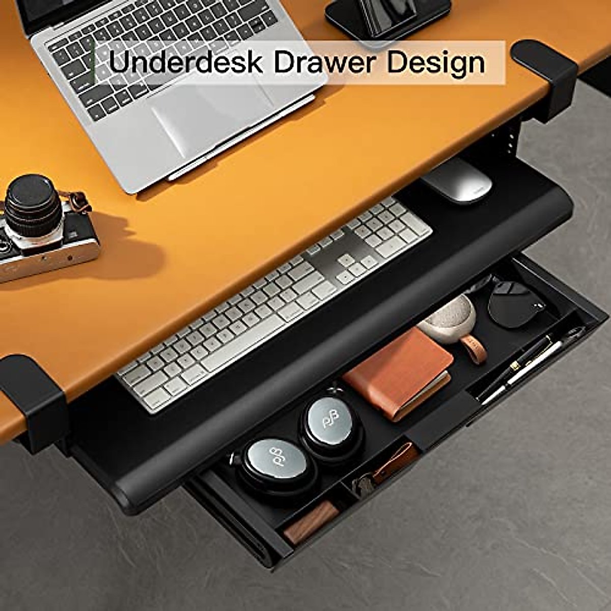HUANUO Keyboard Tray, Pull Out Drawer Under Desk - Keyboard Tray Under Desk Slide, w/Storage Organizer, Computer Keyboard Stand w/Extra Sturdy C Clamp (32.28" Including Clamps)