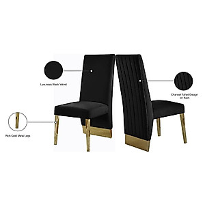 Meridian Furniture Porsha Collection Modern | Contemporary Dining Chair with Deep Channel Tufted Back and Sturdy Metal Legs, Set of 2, 19.5" W x 27" D x 42" H, Black Velvet Upholstered