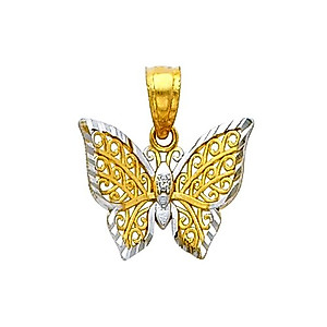 14k REAL Two Tone Gold Butterfly Pendant with 1.2mm Singapore Chain Necklace - 18"