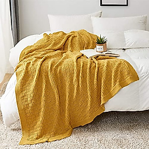 100% Cotton Navy Blue Cable Knit Throw Blanket with Bonus Laundering Bag - Large Thick, 2.5 Pounds,Extra Cozy, Machine Washable, Comfortable Home Decor (Mustard Yellow Stripe Pattern, 60"x80")