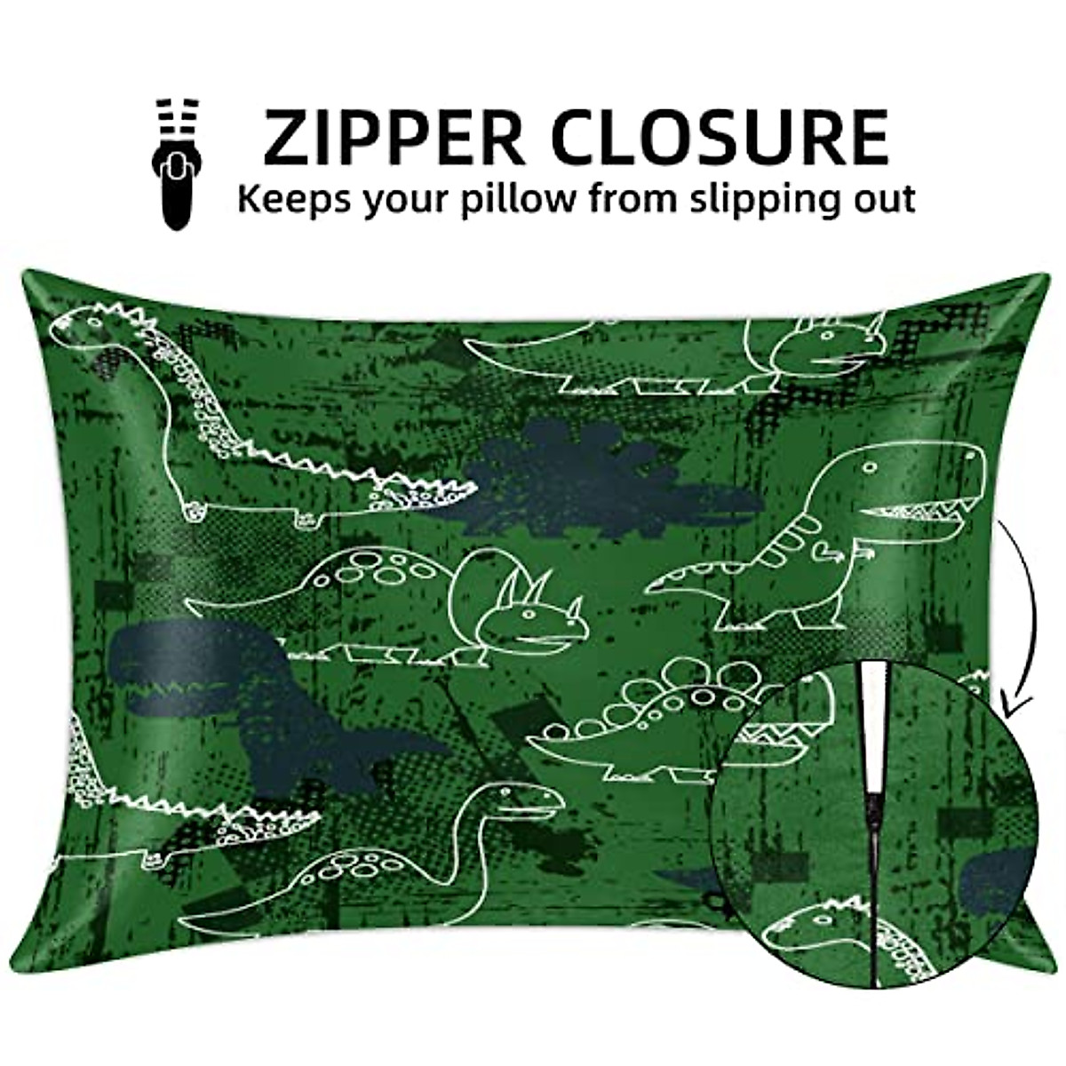 Silk Satin Pillowcase Queen Size for Hair and Skin, Cute Green Camo Animal Dinosaur Cooling Pillow Case with Hidden Zipper Soft Breathable Pillow Cover Gifts for Women Men, 20x30in