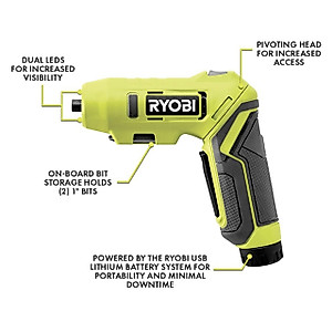 USB Lithium Screwdriver Bundle with Ryobi Cordless Screwdriver, USB Lithium 2.0 Ah 4-Volt Lithium-ion Rechargeable Battery, USB Charging Cable, Multipurpose Drill Bit Set and 16 Inch Buho Tool Bag