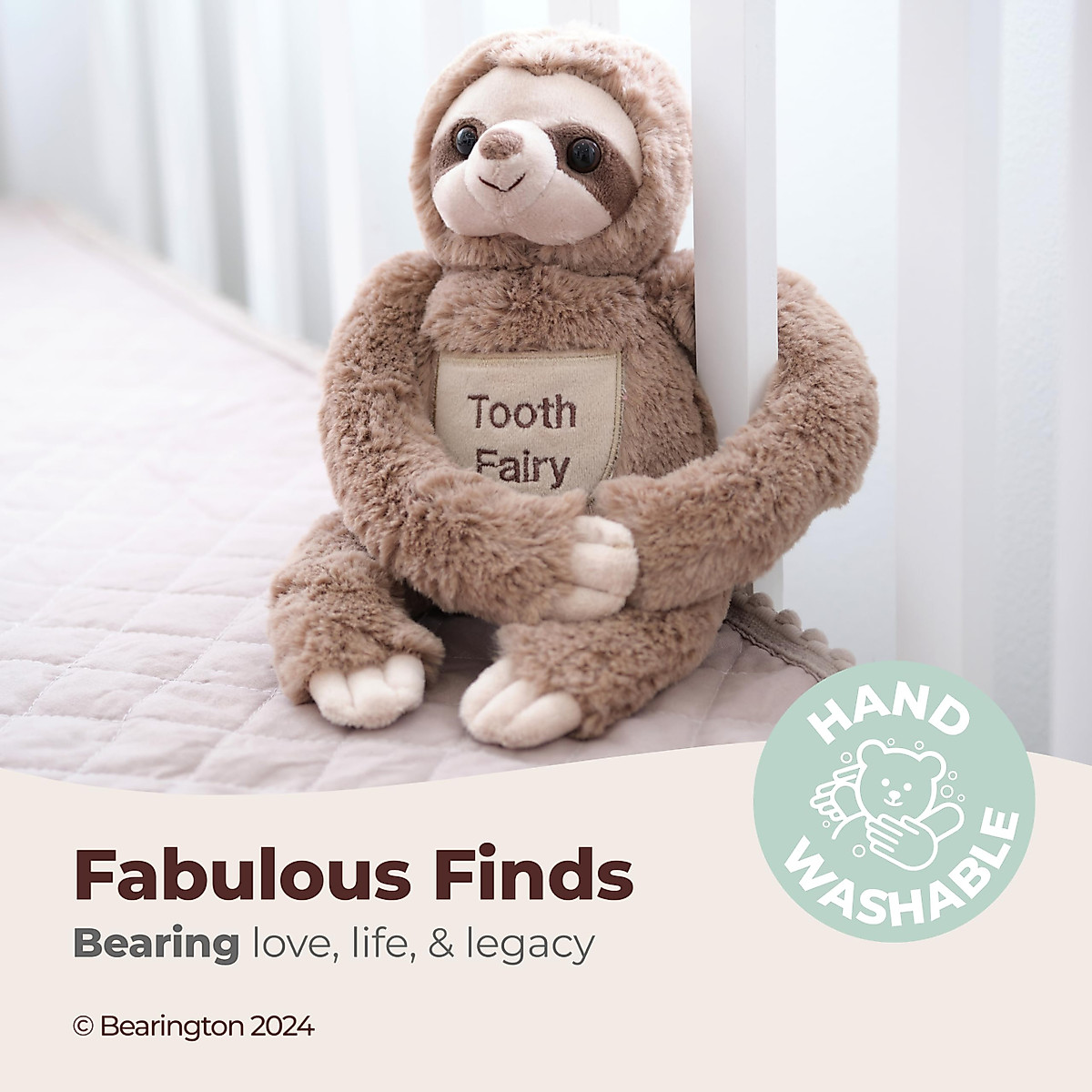 Bearington 12 inch Tooth Fairy Door Hanger Stuffed Animal, Lil' Sammy Sloth Tooth Holder, Tooth Fairy Doll with Tooth Pocket Pouch