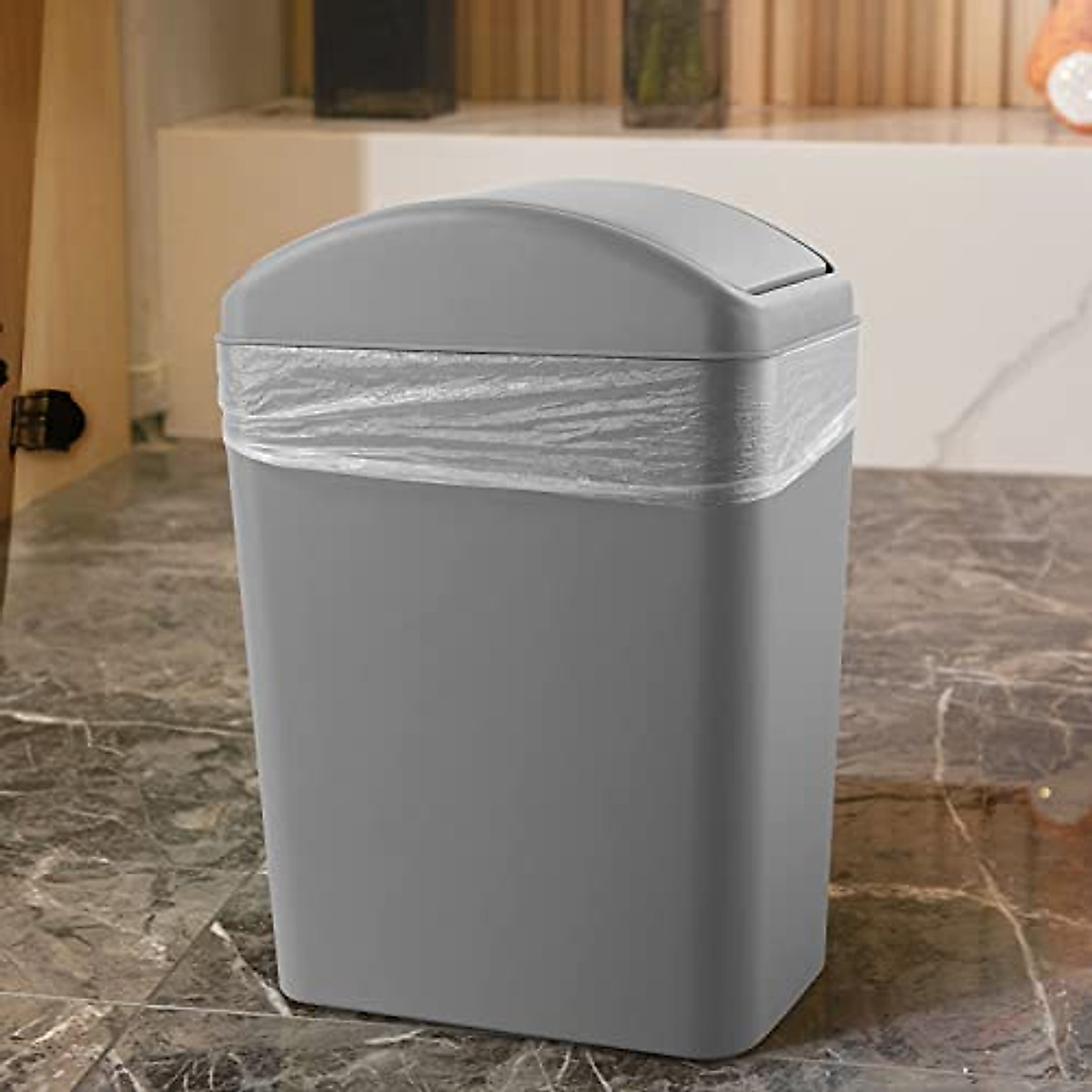 AnnkkyUS Plastic Trash Bin with Swing Lid, 16 L Small Garbage Bins, Grey