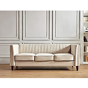 Container Furniture Direct Modern Luxury Velvet Couch for Living Room with High Density Foam, Soft Fabric Upholstery, Removable Cushions and Solid Wood Legs, 83'' Wide 3 Seater Sofa, Beige