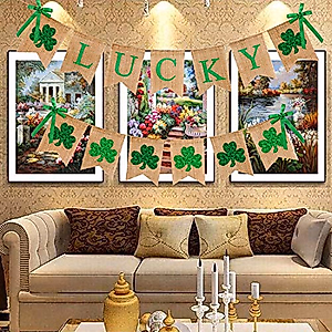 St. Patrick's Day Decorations Burlap Lucky Banner Glitter Shamrock Banner Green Clover Lucky Irish Party Banner for St. Patrick's Day Party, Green Theme Party, Spring Holiday Party Supplies