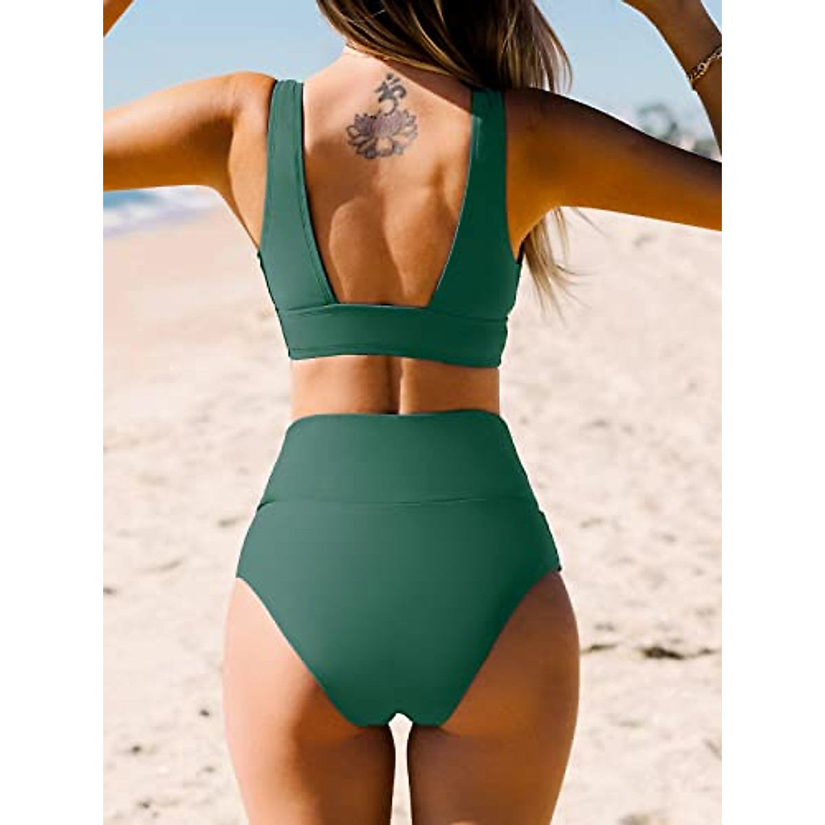 CUPSHE Bikini Set for Women Two Piece Swimsuit High Waisted V Neck Ruched Front Wide Straps L, Green