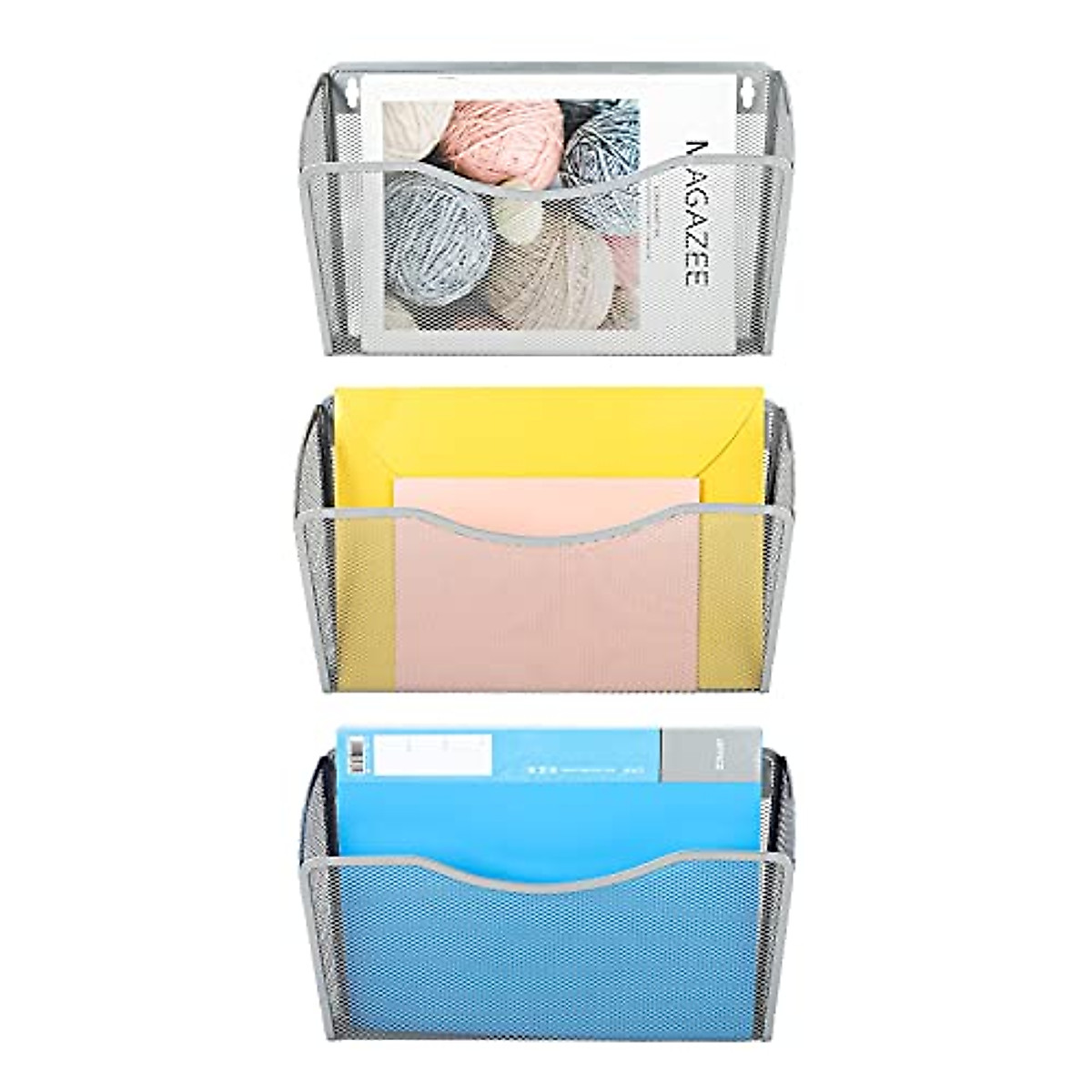 PAG 3 Pockets Hanging File Holder Organizer Metal Wall Mount Magazine Rack, Silver