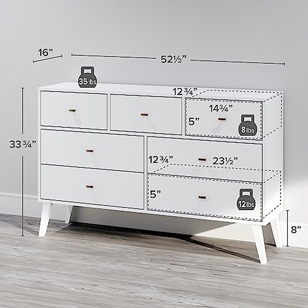 Prepac Milo Mid-Century Modern 7 Drawer Double Dresser for Bedroom, Wide Chest of Drawers, Contemporary Bedroom Furniture, 16" D x 52.5" W x 33.75" H, White, WDBR-1407-1