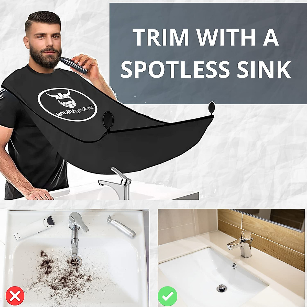 Striking Viking Beard Bib & Hair Catcher Apron for Shaving & Trimming - 4-Piece Grooming Kit with Scissors, Suction Cups, Storage Bag & Beard Cape - Shaving Hair Catcher