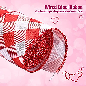 2 Rolls Valentine's Day Wired Ribbons 2.5 Inch Wide Valentine's Day Plaid Ribbons Rolls Red Pink White Diagonal Buffalo Plaid Ribbons for DIY Valentine's Day Decor Wrapping Crafts( 10 Yards)