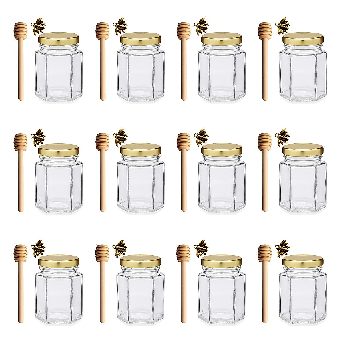 Adabocute 4oz Hexagonal Honey Jars - Glass Honey Jars with Gold Lids, Wooden Dippers, Bee Charms and Jutes - Hexagon Honey Jars for Baby Shower, Wedding and Party Favors, 12 Pack